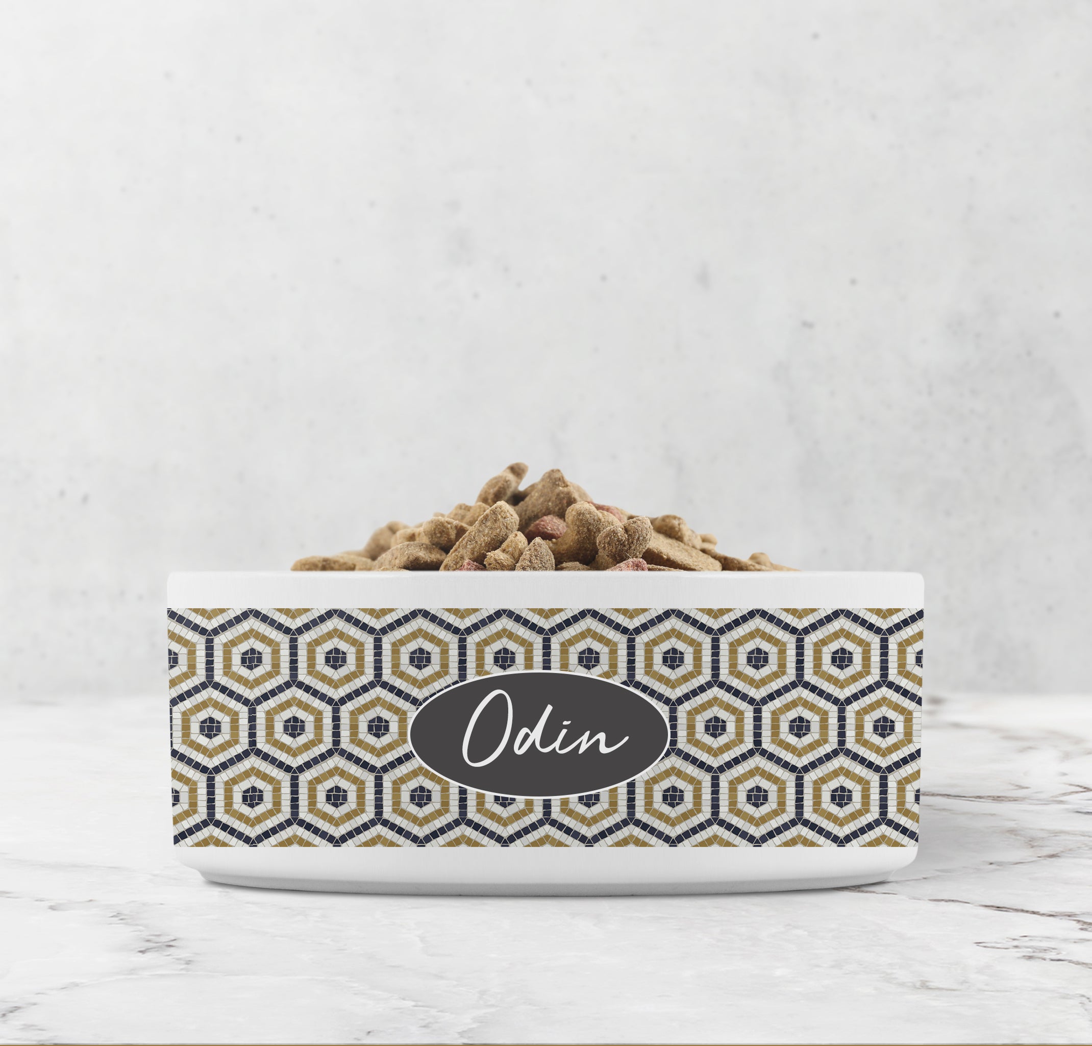 Personalized Bistro Tile Ceramic Dog Bowl, Hexagon Pattern – Multi Chic