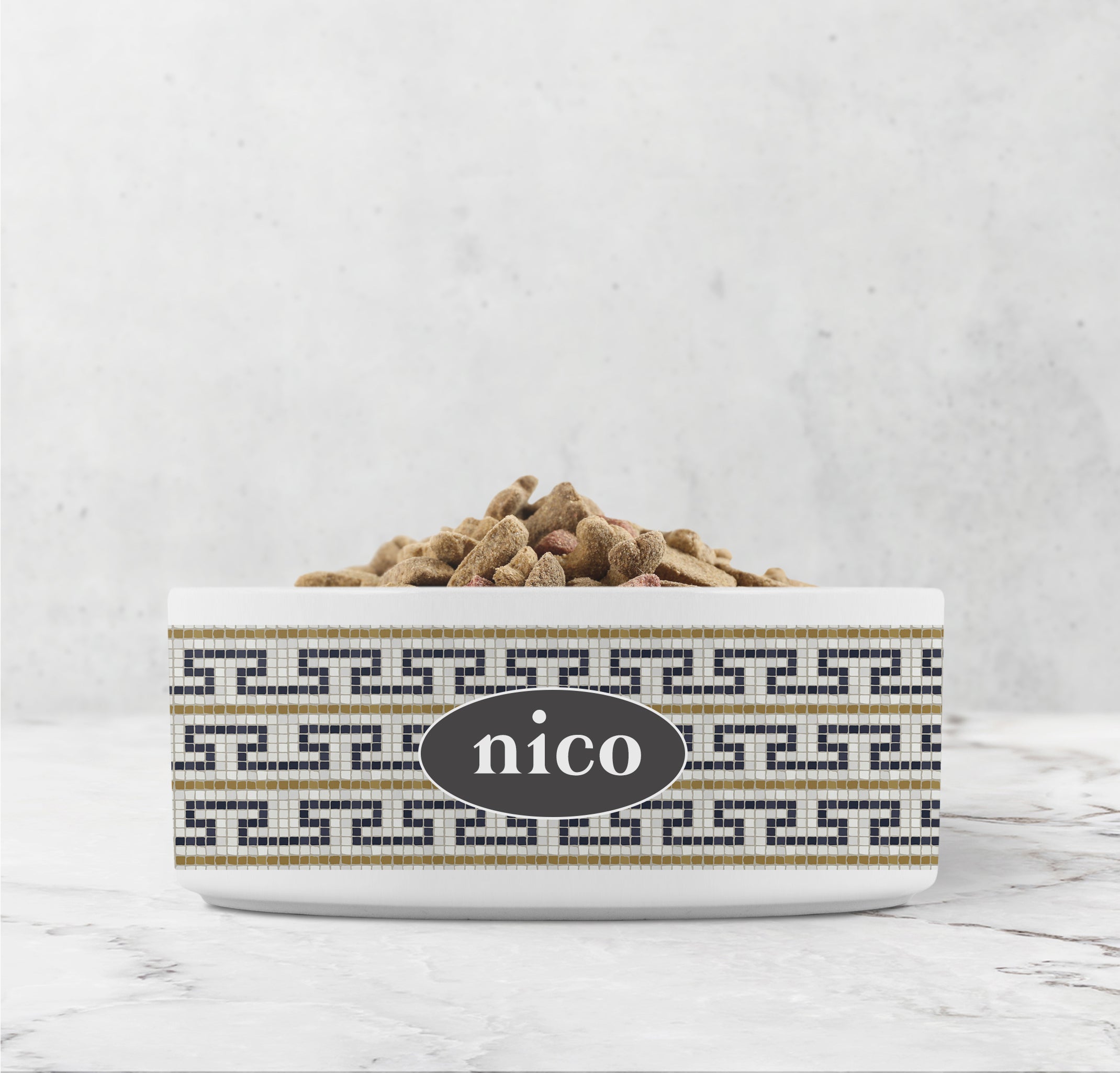 Personalized Bistro Tile Ceramic Dog Bowl, Stepped Fret Pattern – Multi ...