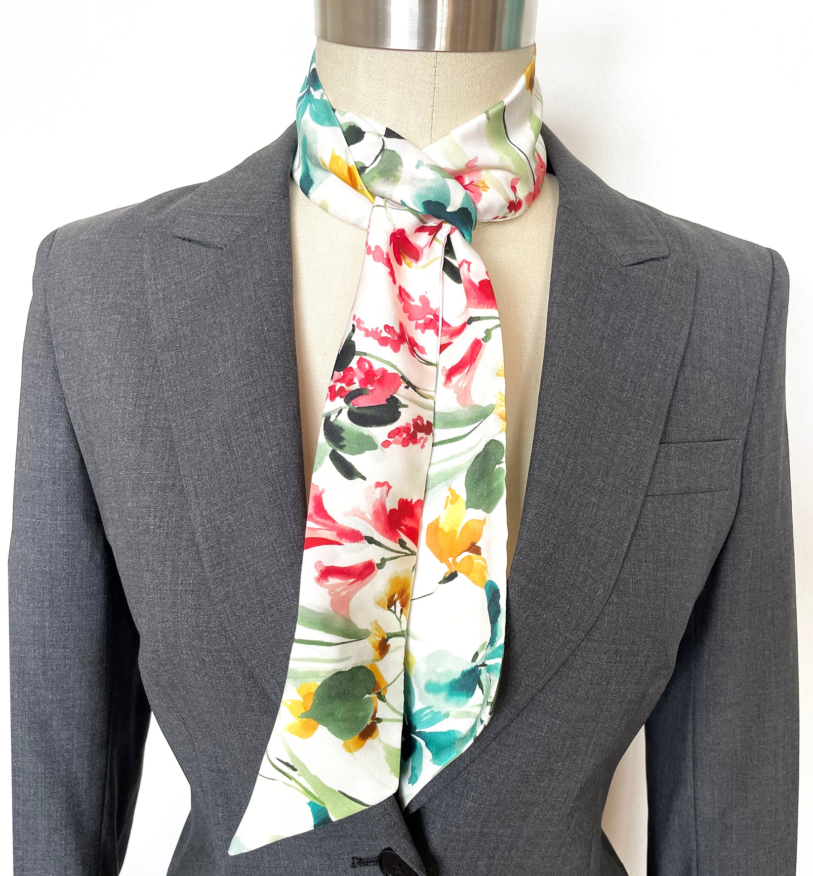 Japanese Floral Print Skinny Scarf, Neck Bow, Neck Tie – Multi Chic