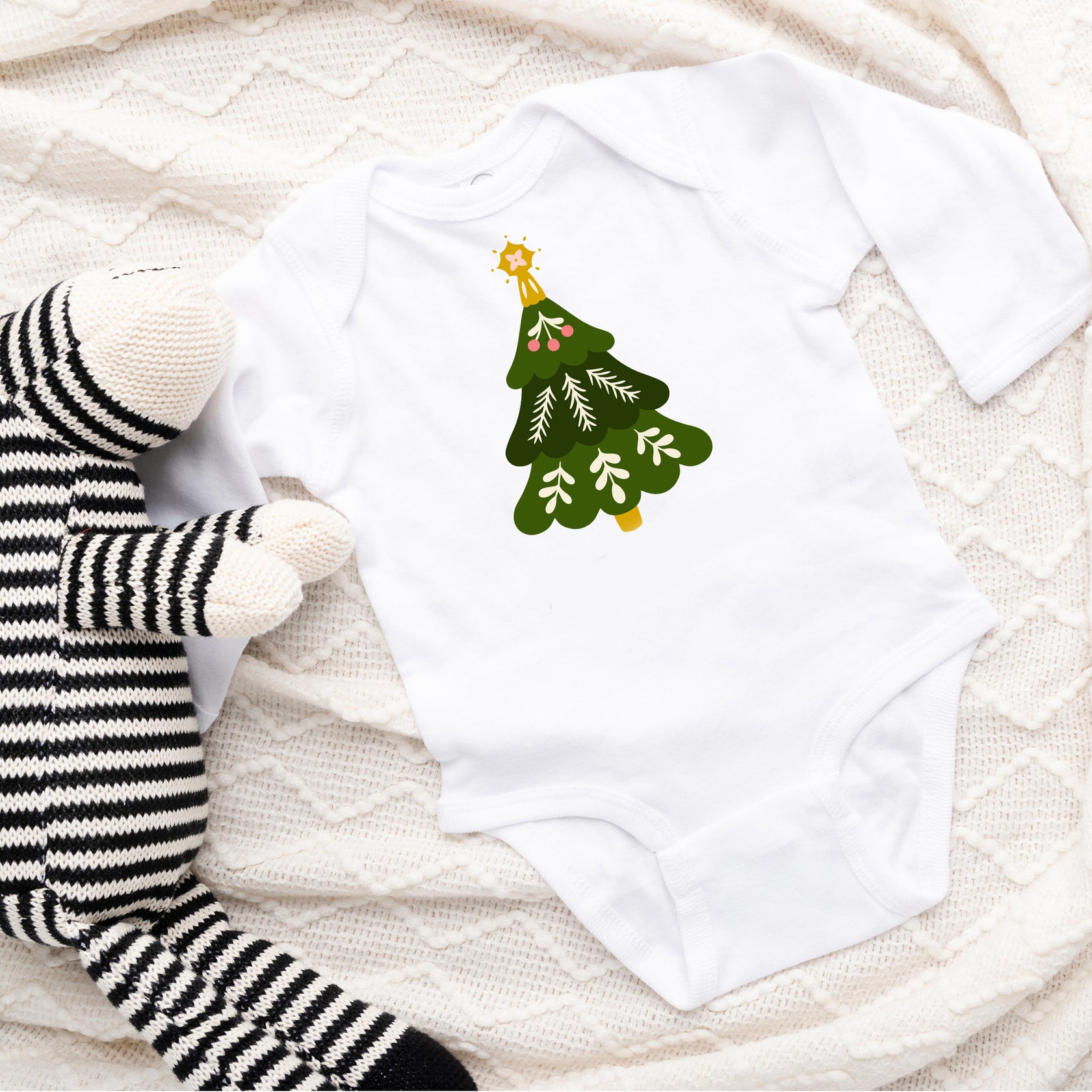 Christmas Tree, Baby One Piece, Long Sleeve, White – Multi Chic